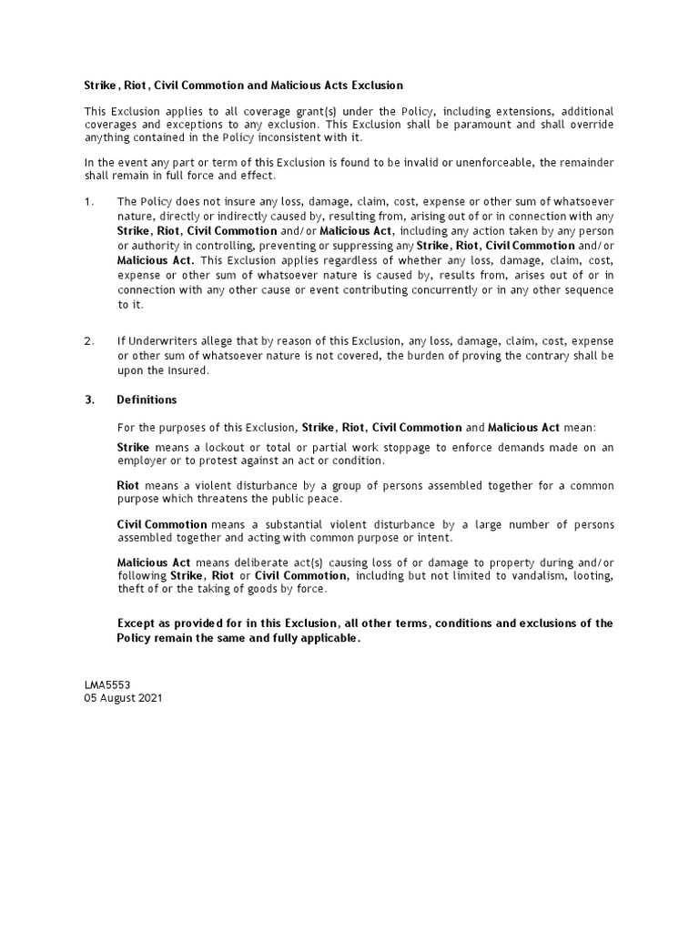 LMA5553 Strike, Riot, Civil Commotion and Malicious Acts Exclusion | PDF