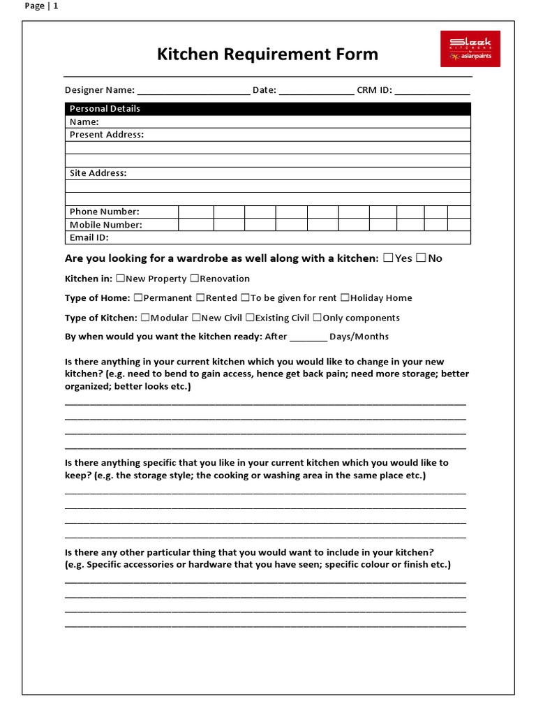 Kitchen Requirement Form | PDF | Kitchen | Home Economics