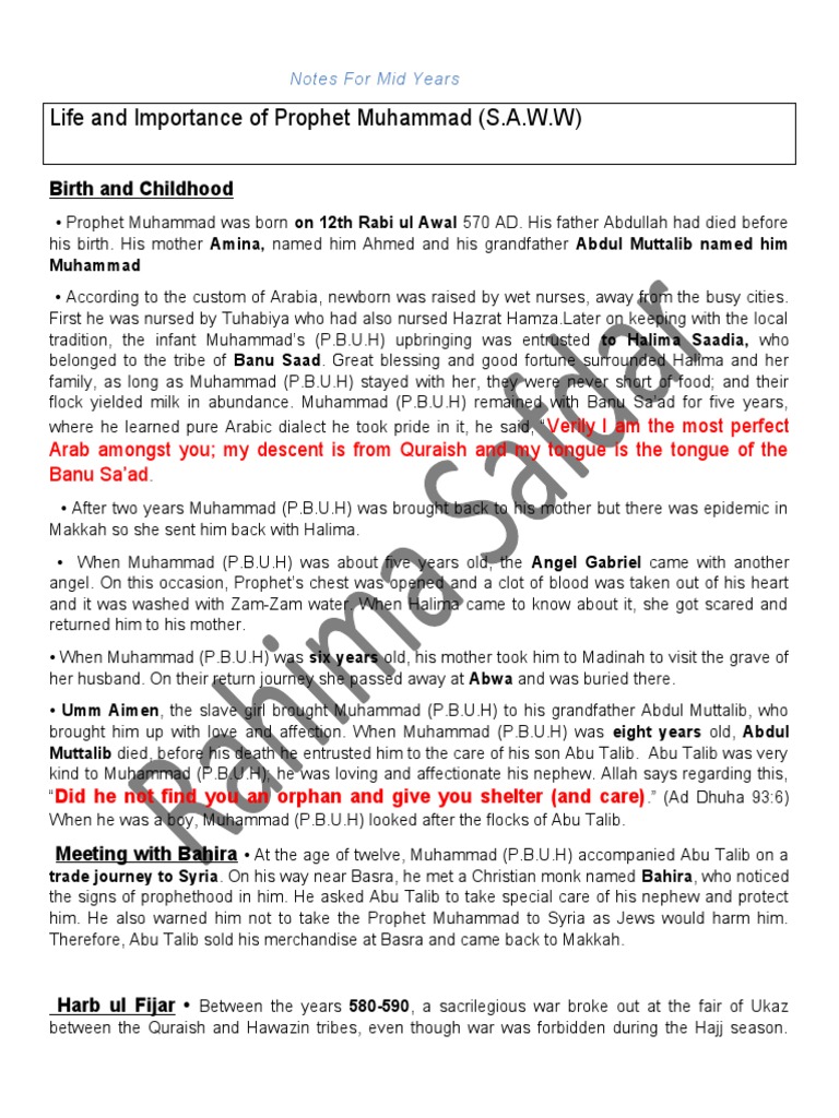 Notes of P1' Mid Year For Class 9 | PDF | Muhammad | Prophets And ...