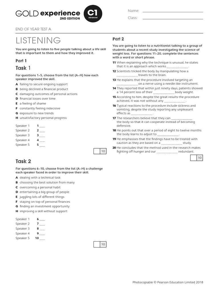 Gold Exp C1 EoY Main Test A | PDF | Disability | Writers