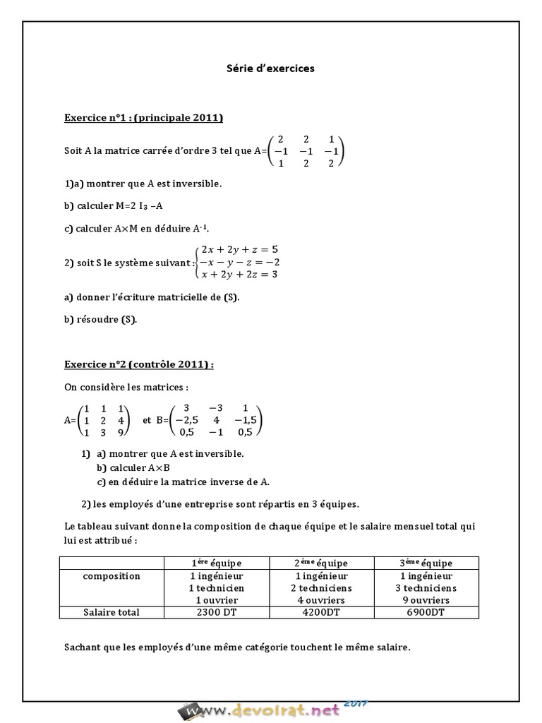 Série D'exercices - Math - Matrices - Bac Economie & Gestion (2016-2017) Mme Ellob Zohra | PDF ...