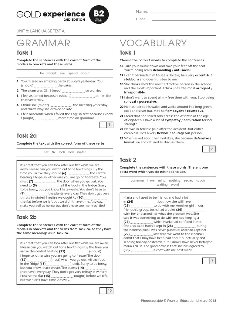 Gold Exp B2 U8 Lang Test A | PDF