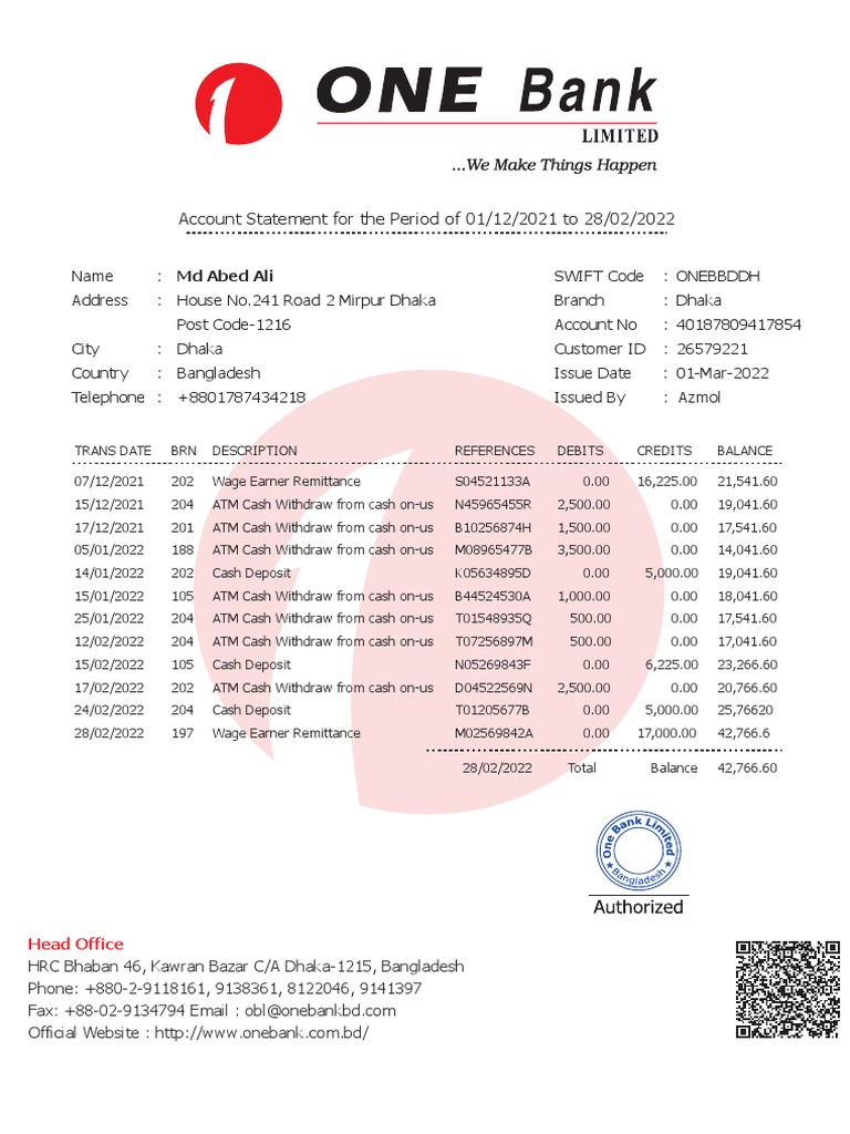 One Bank Account Statement Summary | PDF | Finance & Money Management
