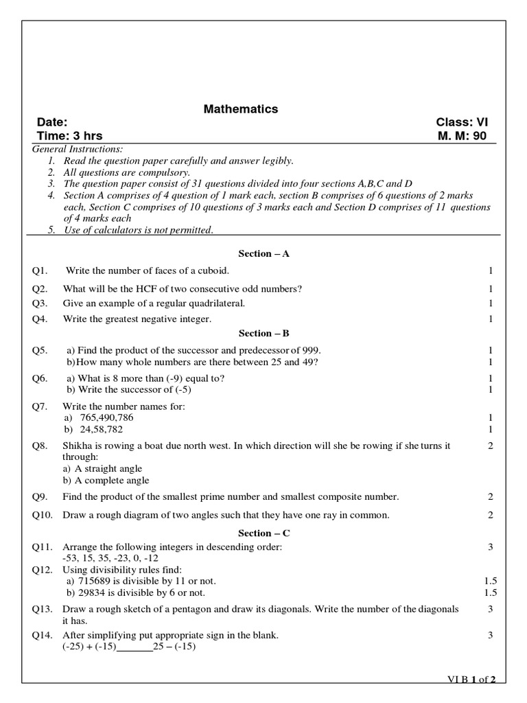 Class 6 Maths Question Paper | PDF | Triangle | Tetrahedron