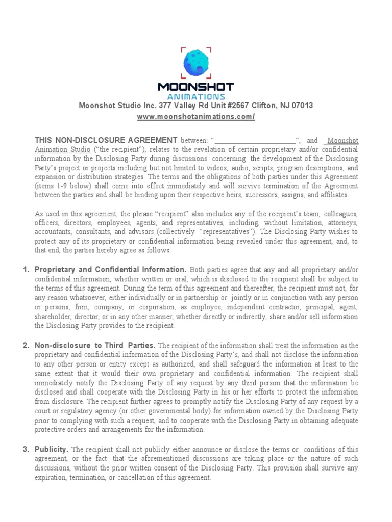 Moonshot Studio NDA Agreement | PDF | Non Disclosure Agreement | Government
