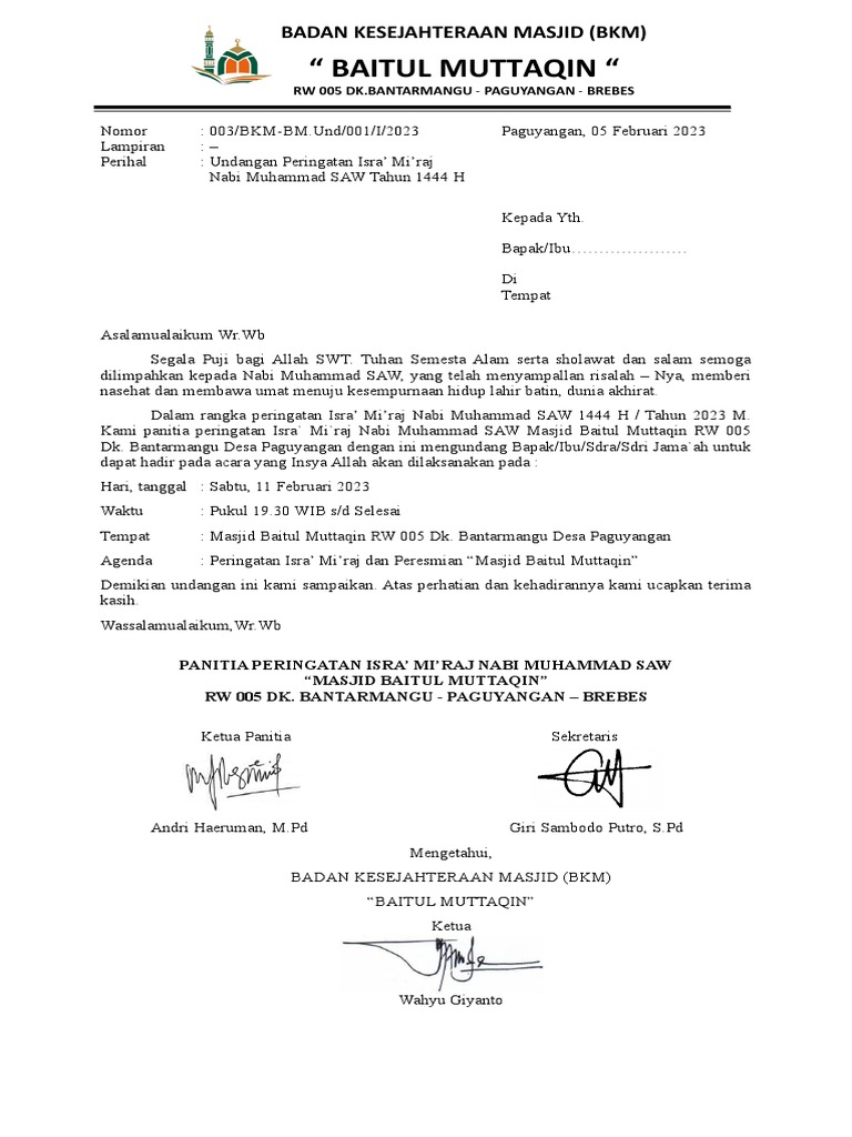 UNDANGAN BKM MASJID BAITUL MUTTAQIN ISRA MIRAJ Baru | PDF