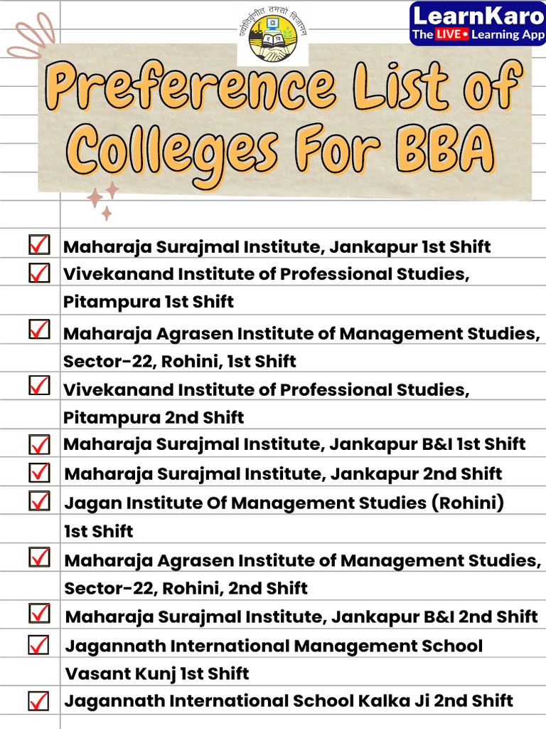 Preference List of Colleges For BBA | PDF | Engineering