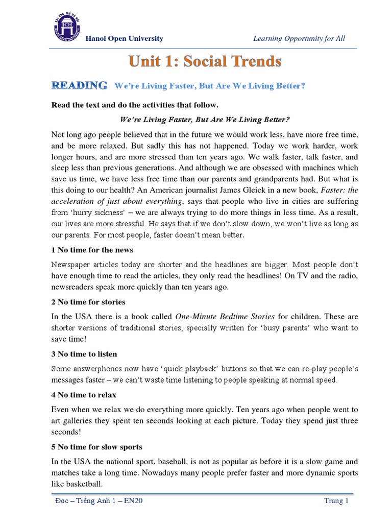 UNIT 1-Social Trends - Reading | PDF