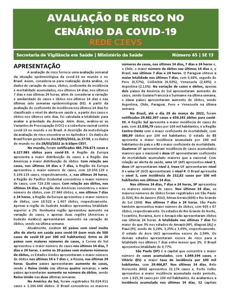Avaliação de Risco No Cenário Da Covid-19 SE 13 (2022) | PDF | Brasil ...