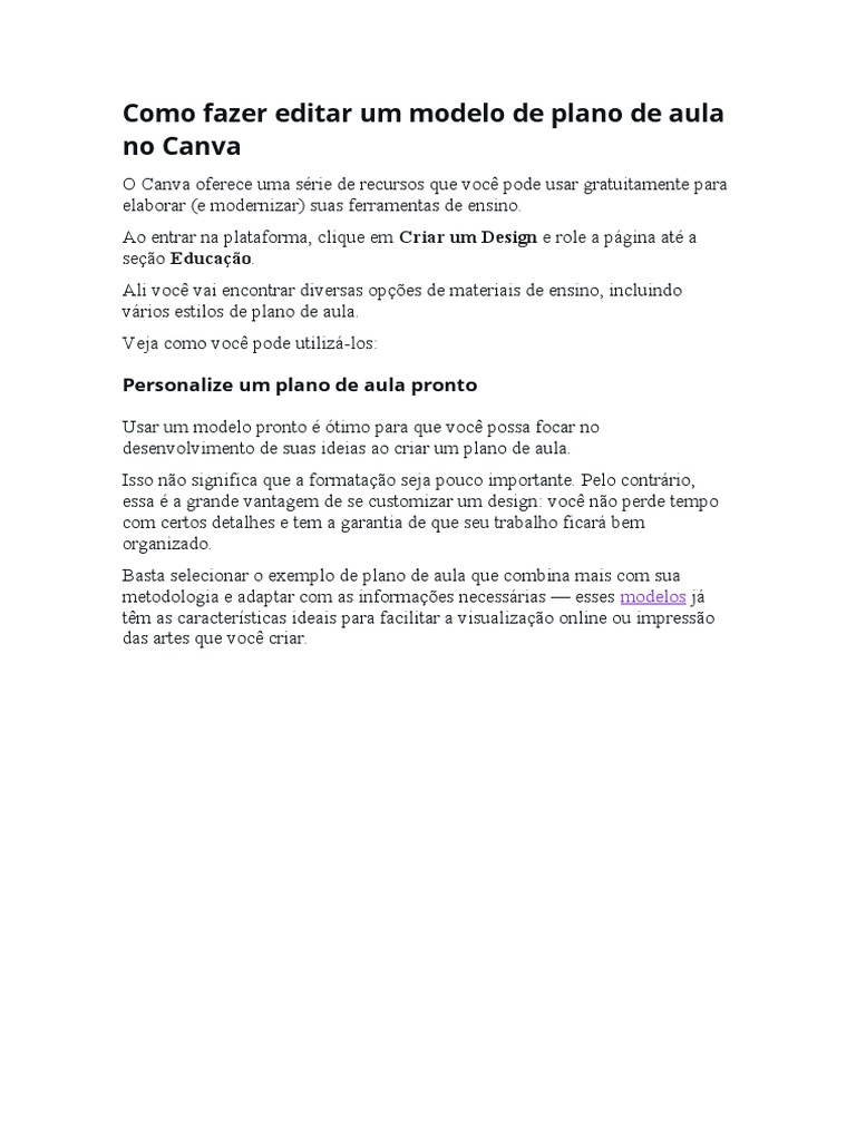 Como Fazer Editar Um Modelo de Plano de Aula No Canva | PDF
