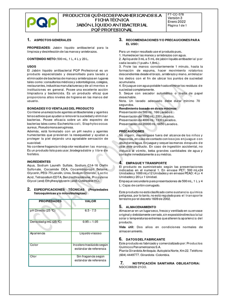 FT-CC-578 Jabón Líquido Antibacterial PQP PROFESIONAL | PDF | Agua | Química