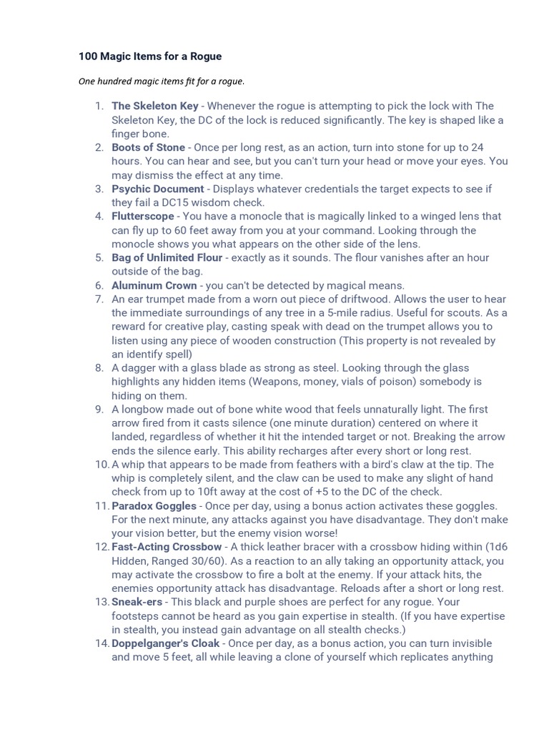 100 Magic Items For A Rogue | PDF | Glove | Dose (Biochemistry)