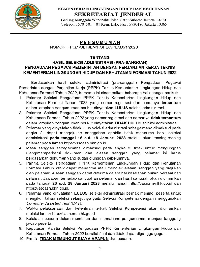1 Hasil Seleksi Administrasi Pra Sanggah PPPK Teknis KLHK Formasi | PDF