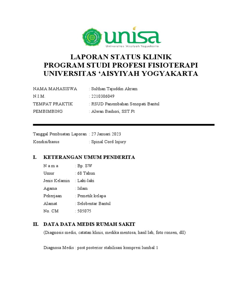 Status Klinis Pasien SCI Fisioterapi | PDF