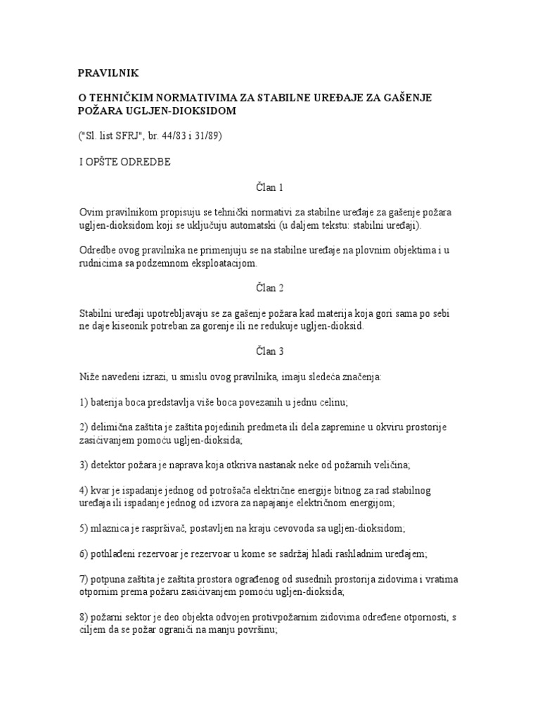Pravilnik o Tehnickim Normativima Za Stabilne Uredjaje Za Gasenje Pozara Ugljen-Dioksidom | PDF