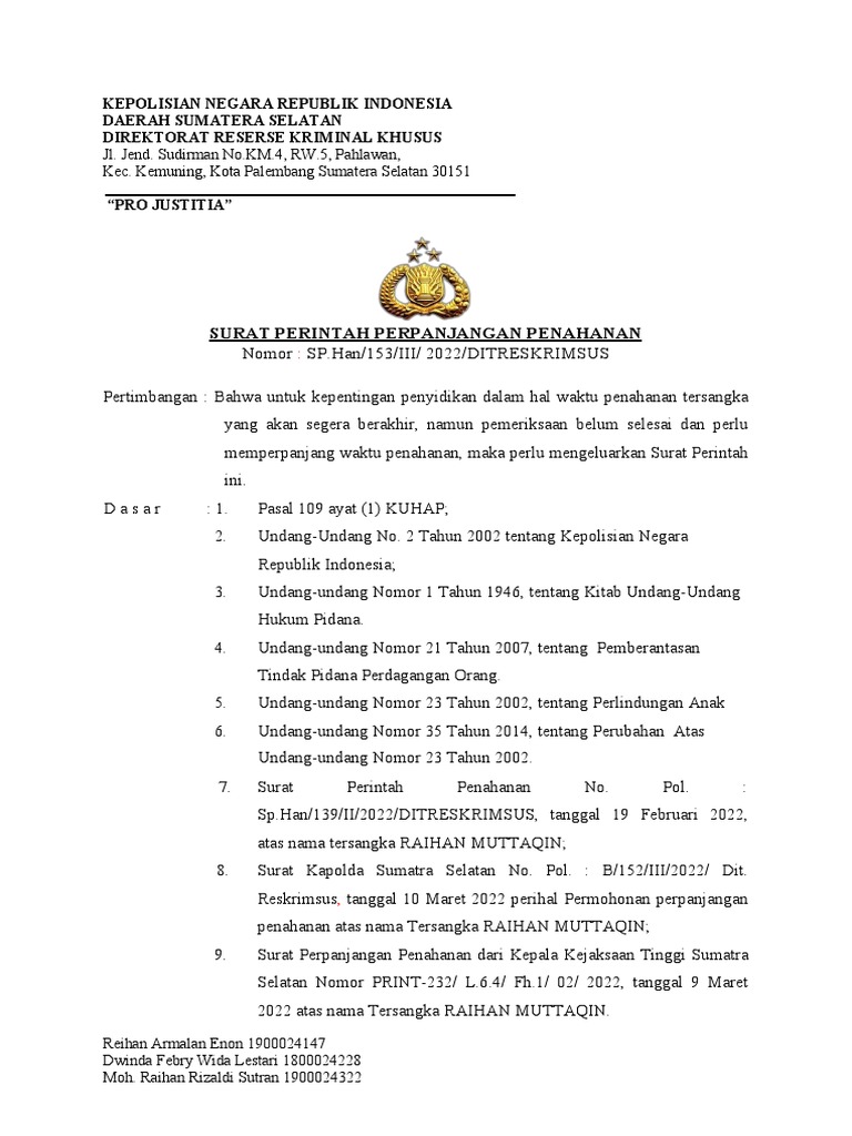 Surat Perintah Perpanjangan Penahanan | PDF