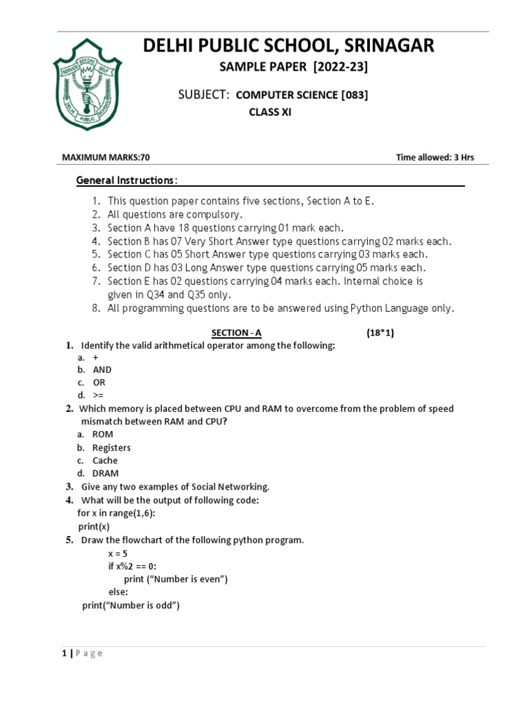 Computer Science Sample Paper: Analyzing Programming Concepts, Operators, and Conditional ...