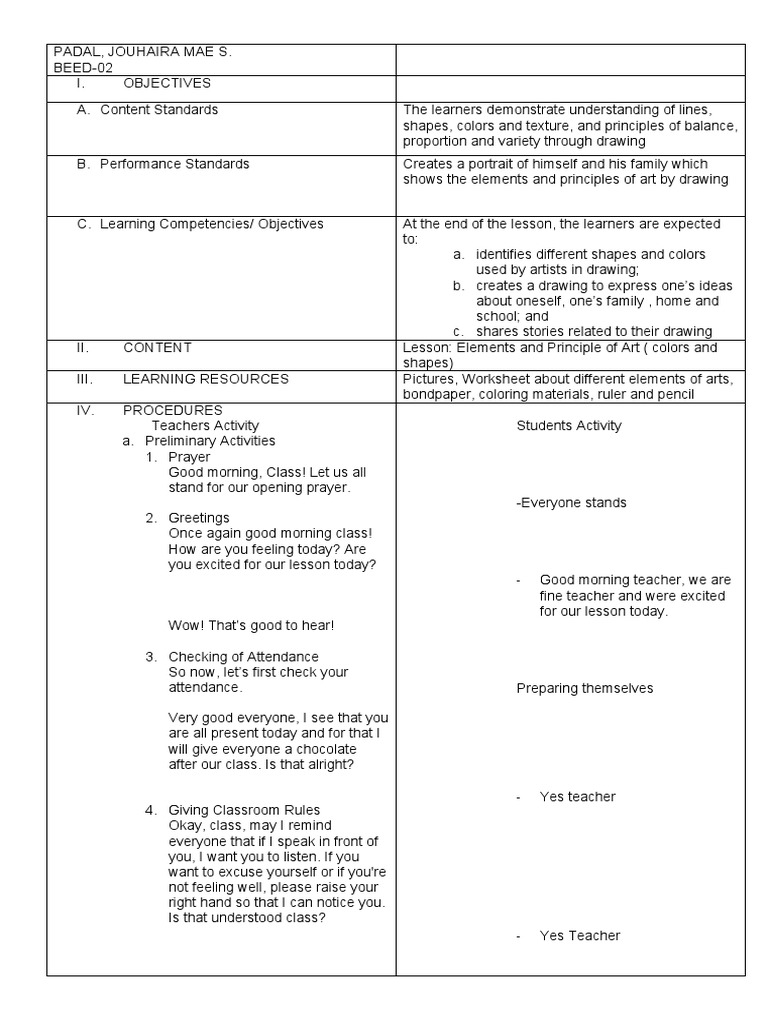 Lesson Plan in Arts | PDF | Shape | Color