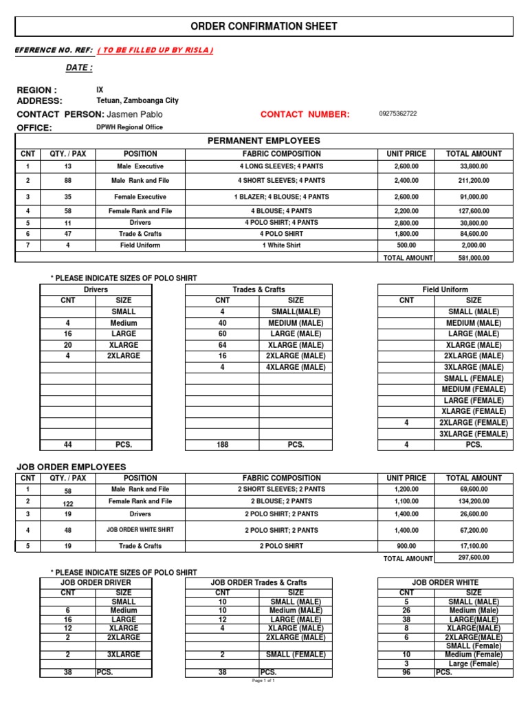 Sample Order Confirmation Sheet Pdf Uniforms Dress Codes