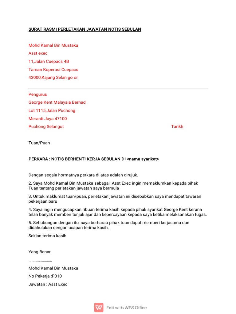 Contoh Surat Resign Sebulan | PDF