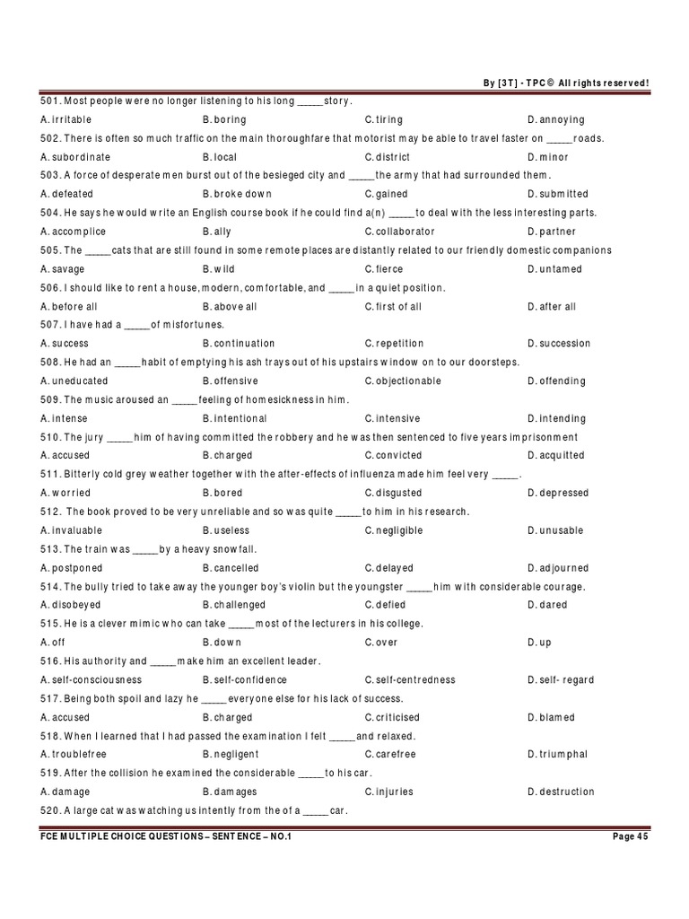 MCQ No.1 - FCE - Q501-600 | PDF