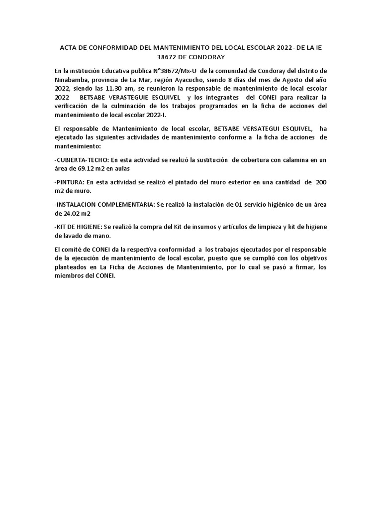 Acta de Conformidad Del Mantenimiento Del Local Escolar 2022 | PDF | Tecnología