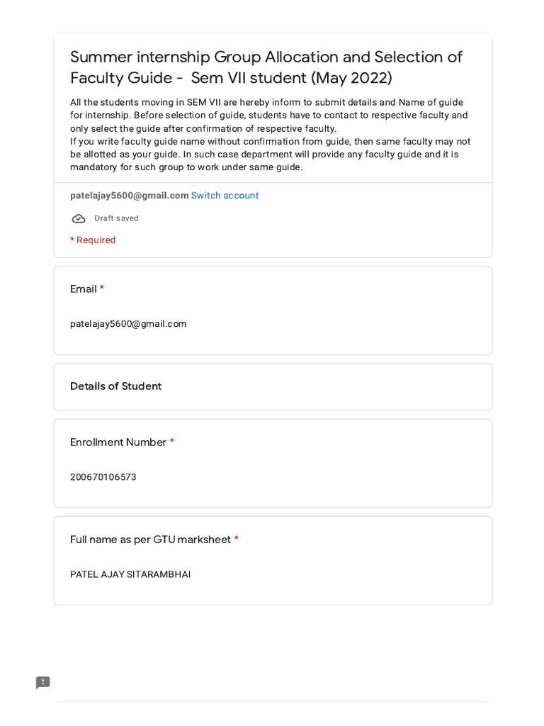 Summer Internship Group Allocation and Selection of Faculty Guide - Sem VII Student (May 2022) | PDF