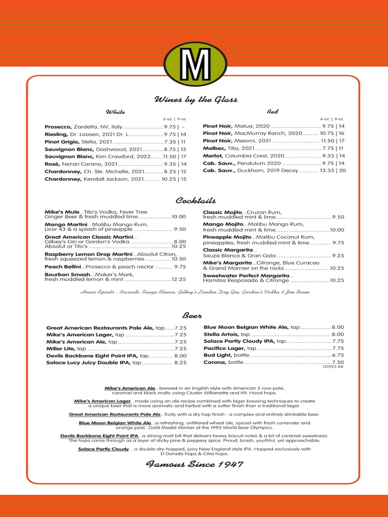Mike's Steakhouse Menu | PDF | Hamburgers | Ale