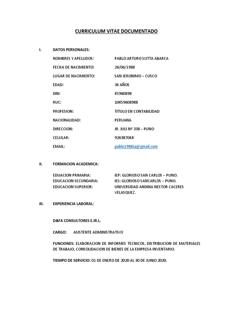 Curriculum Vitae Documentado: I. Datos Personales | PDF