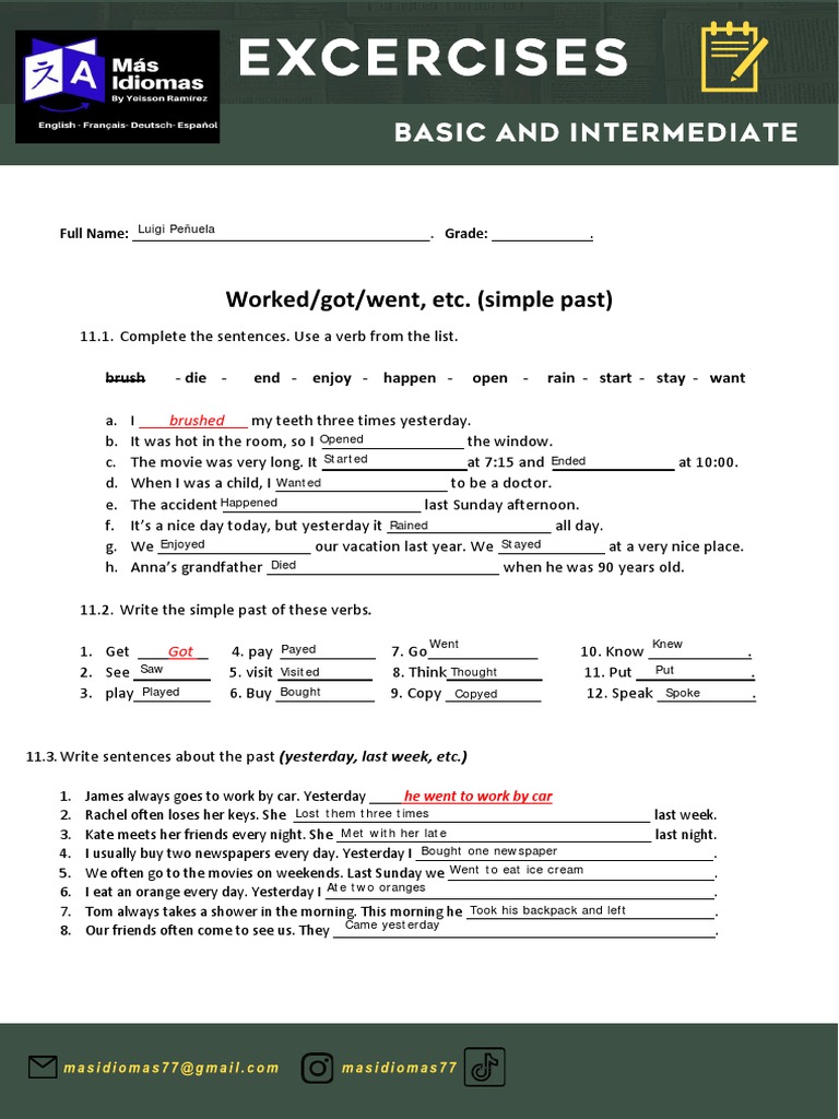 11 Past Worked Got Went (Simple Past) GB A1 Final | PDF