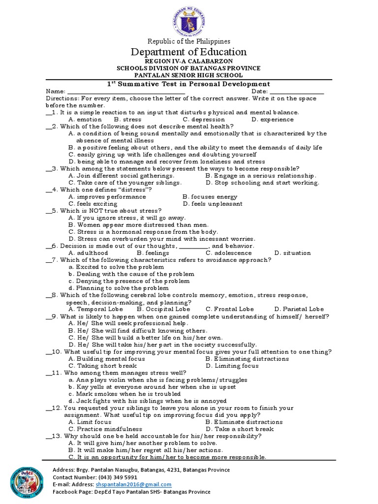 1st Summative Test in PerDev | PDF 1st Summative Test in PerDev | PDF