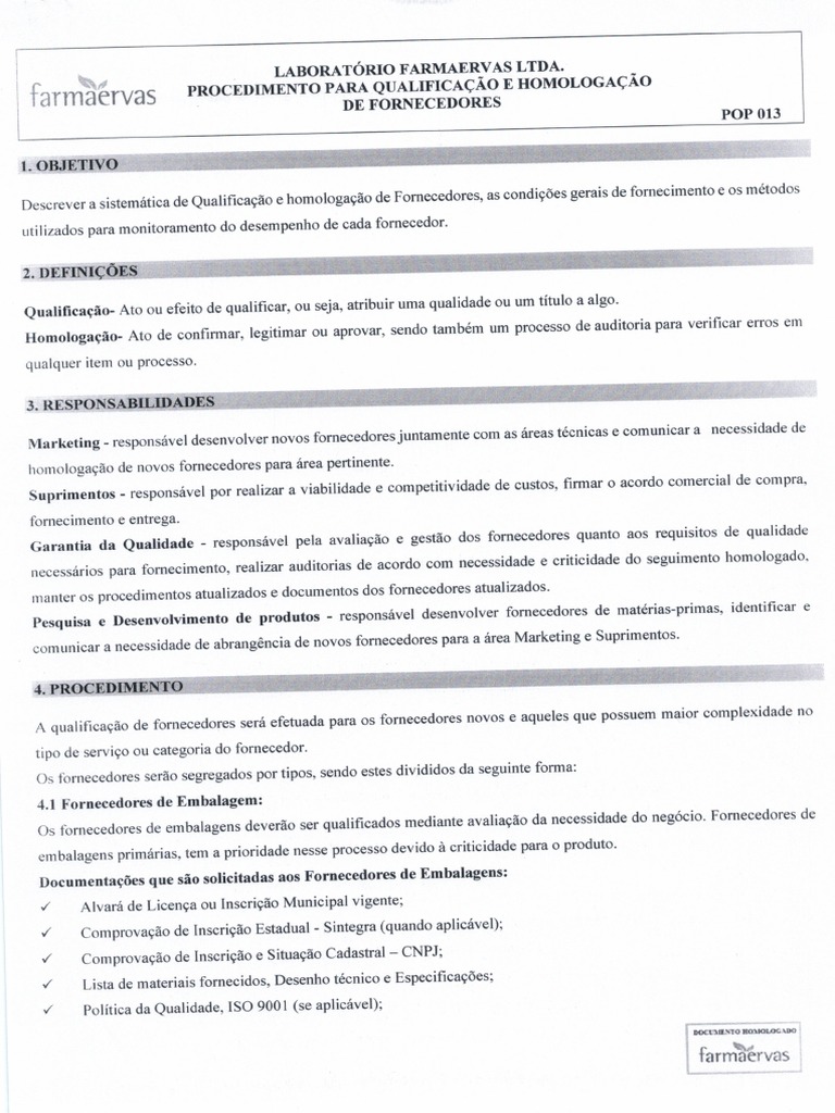 POP 013 - Procedimento para Qualificação e Homologação de Fornecedores ...