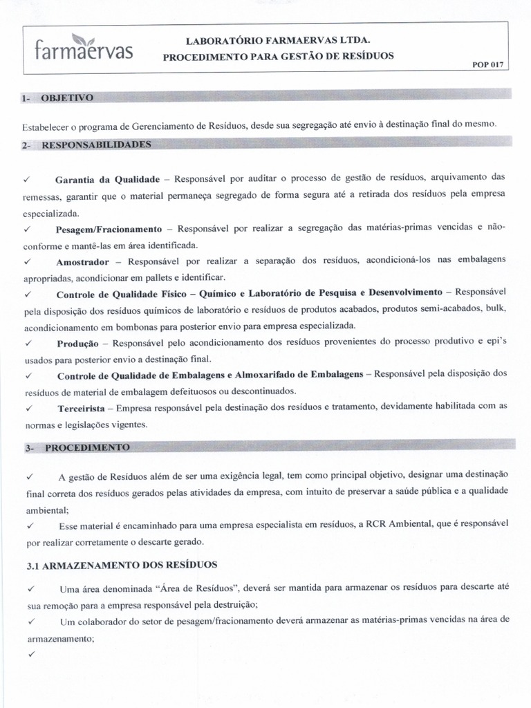 POP 017 - Procedimento para Gestão de Resíduos | PDF