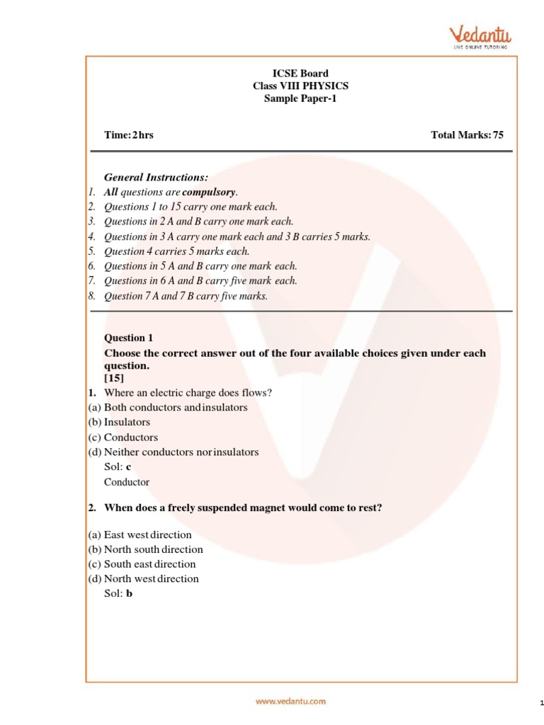 Class 8 Physics Sample Paper | PDF | Electron | Proton