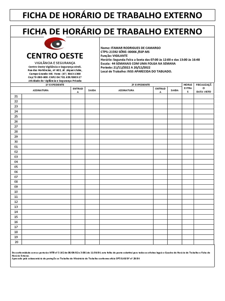 Folha de Ponto Aparecida Do Tabuado 12 | PDF