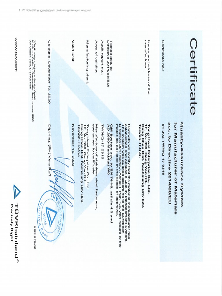 Cert. of PED MM - 01 202 TWN - Q-17 0315 | PDF