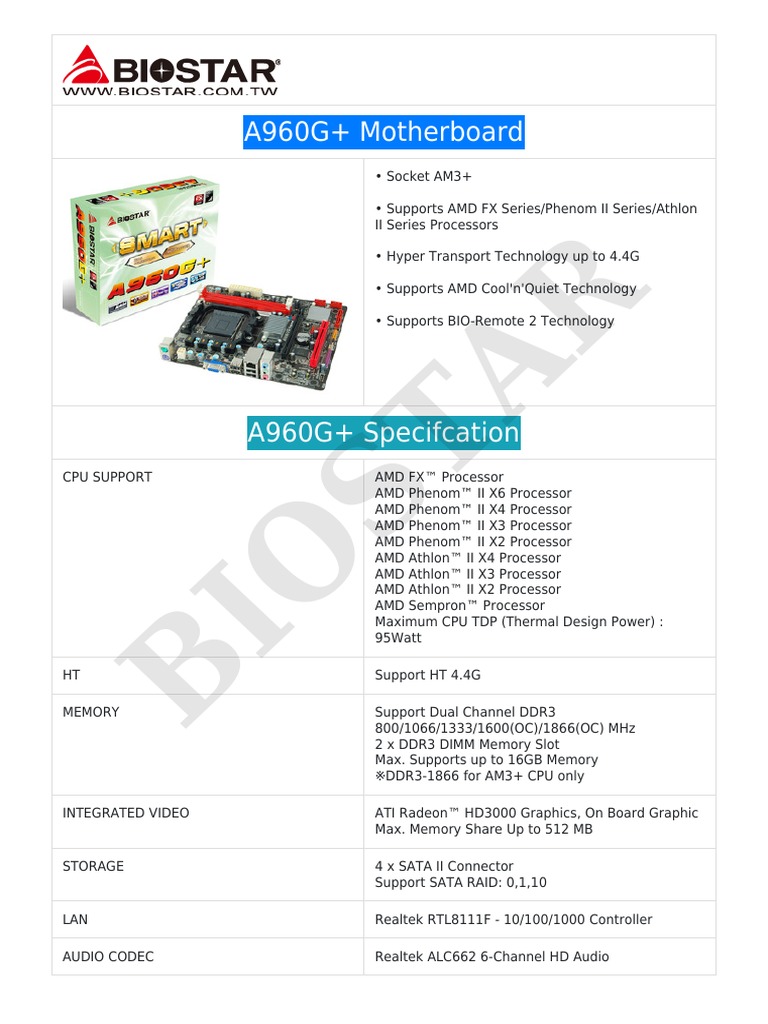 Biostar A960g+ Spec | PDF | Bios | Personal Computers