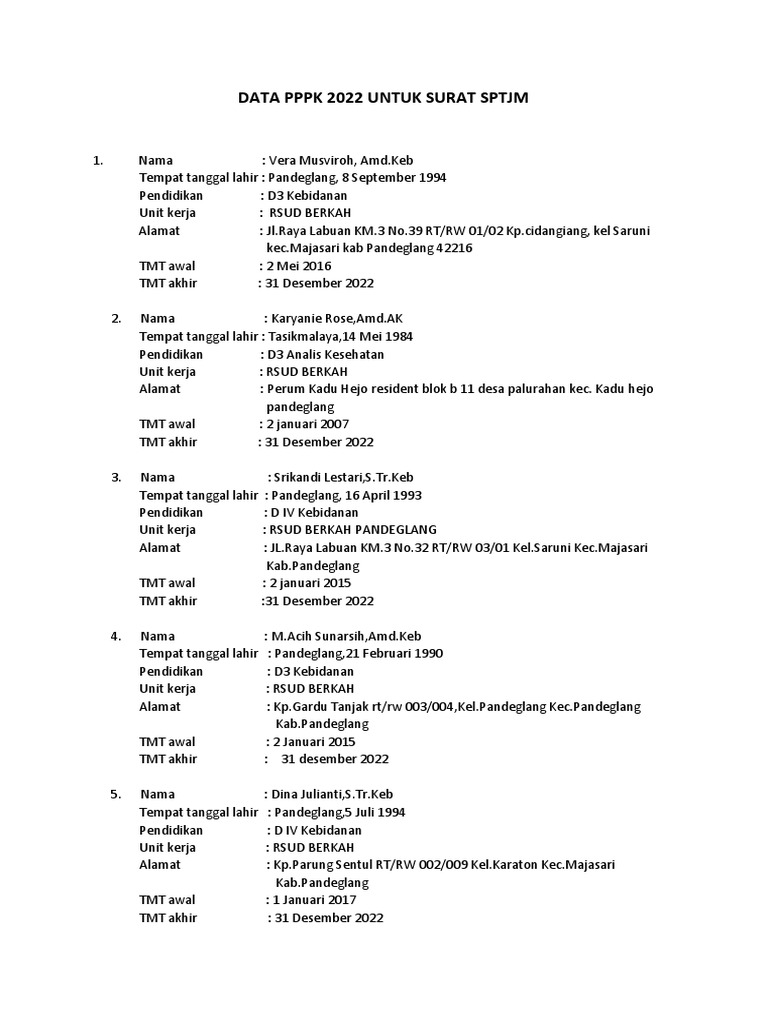 Data PPPK Untuk Surat SPTJM | PDF