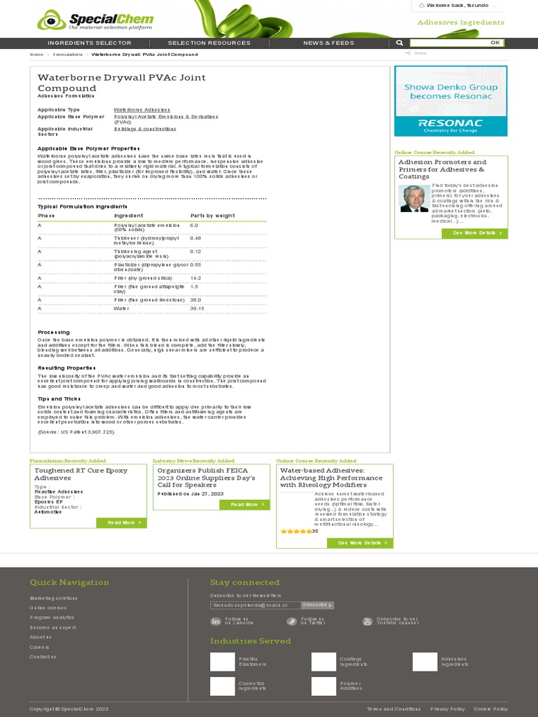 Waterborne Drywall PVAc Joint Compound | PDF | Adhesive | Polyvinyl Chloride