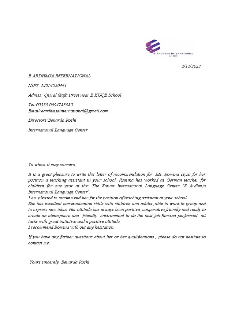 Teaching Assistant Recommendation Letter | PDF