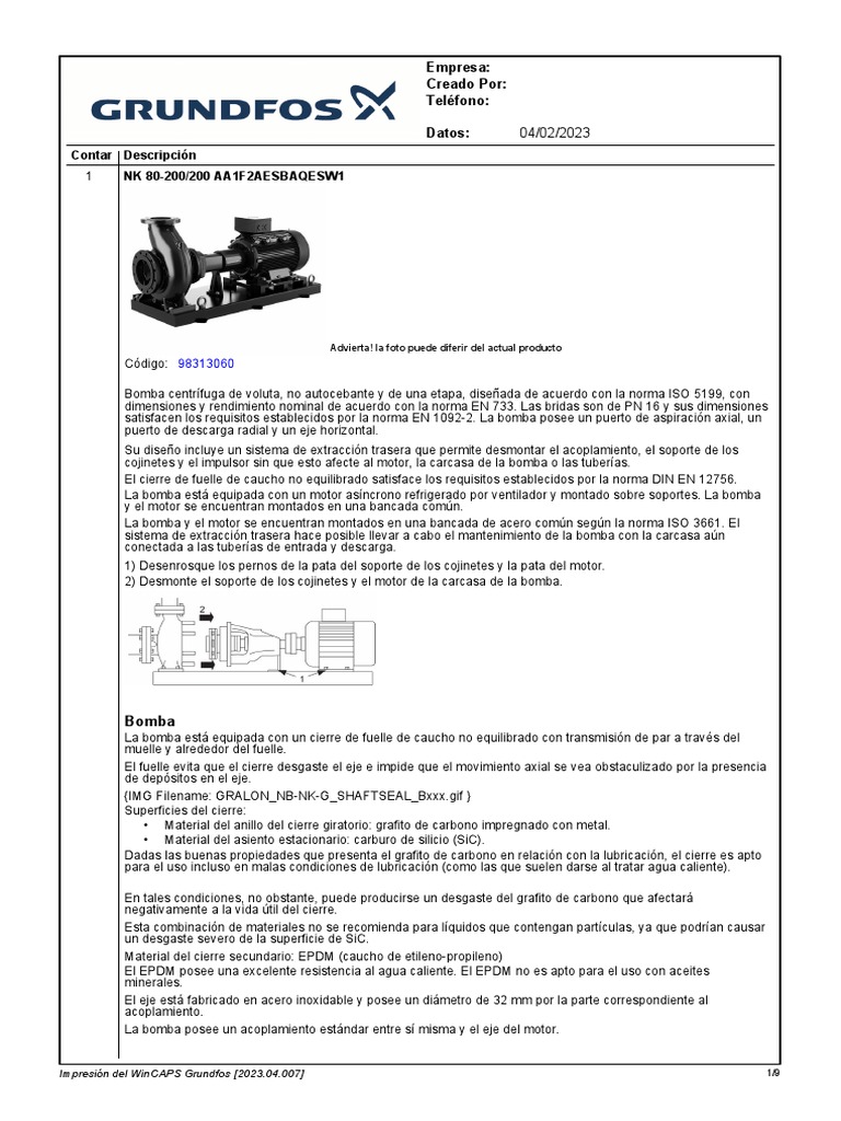 Descripción técnica detallada de una bomba centrífuga monobloc NK 80-200/200 AA1F2AESBAQESW1 ...