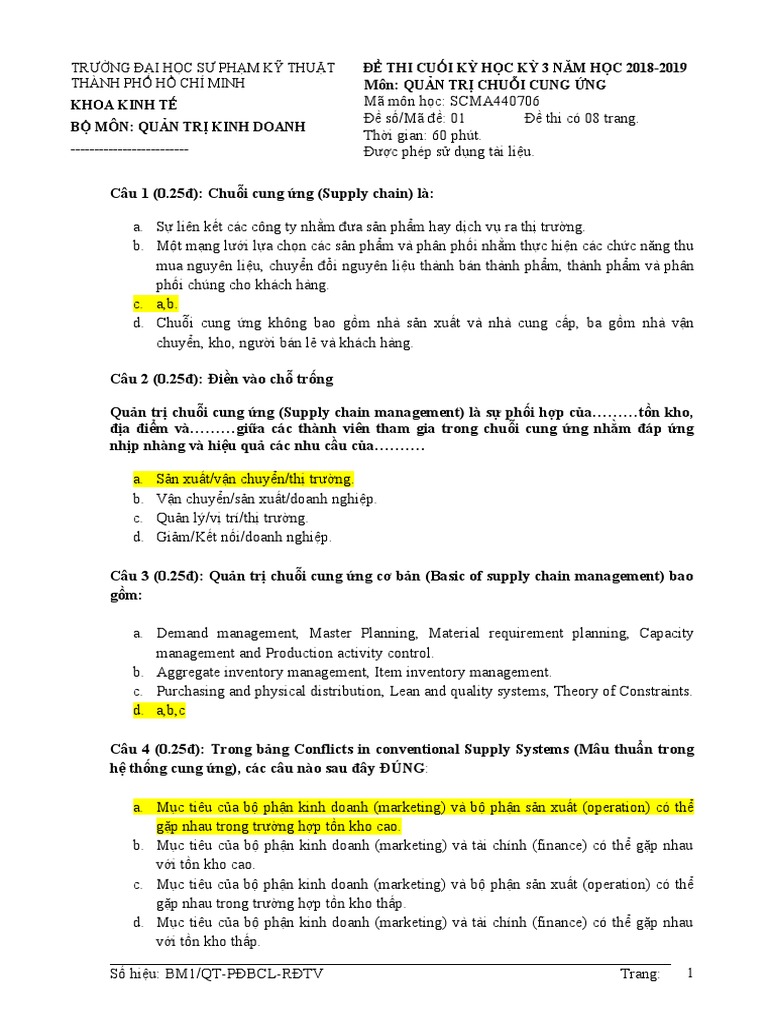 De Thi Cuoi Ky Mon Supply Chain Management Hoc Ky 2 Nam 2019 | PDF