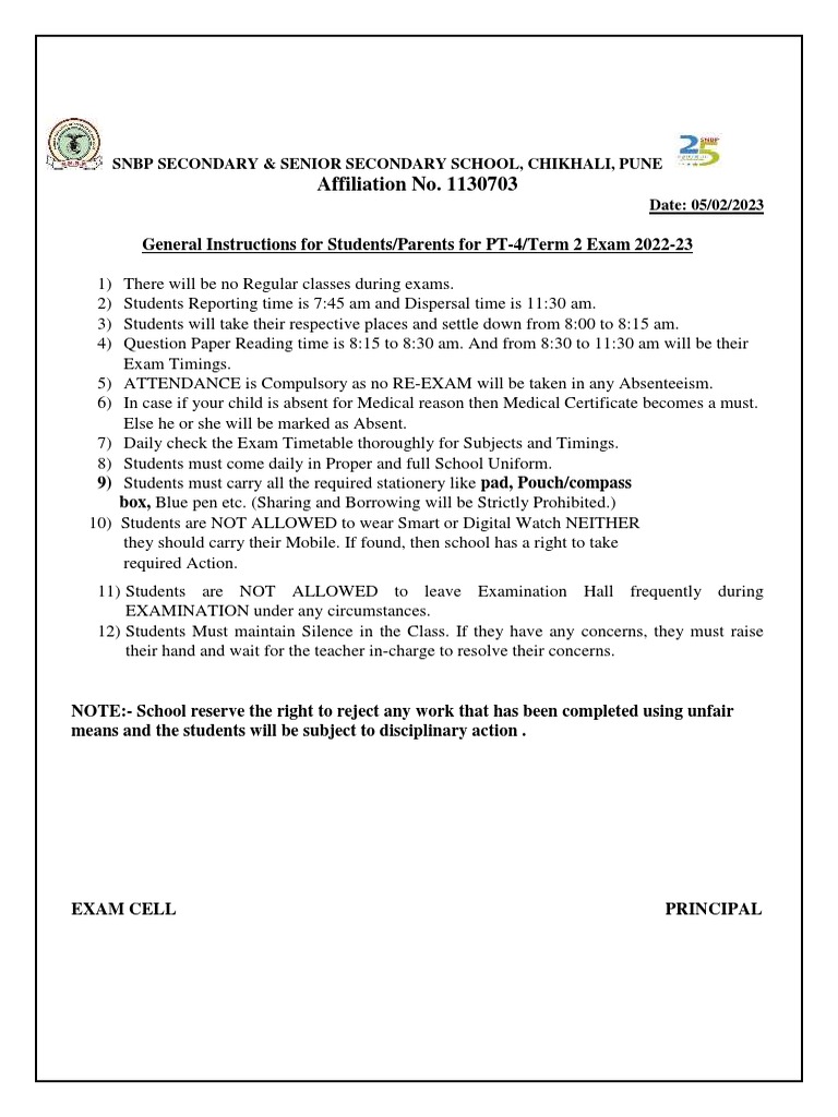 Instructions For Students and Parents During Exams | PDF