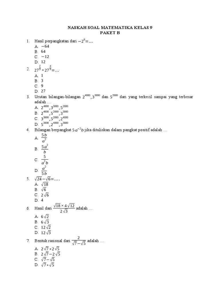 Naskah Soal Matematika Kelas 9 Paket B | PDF