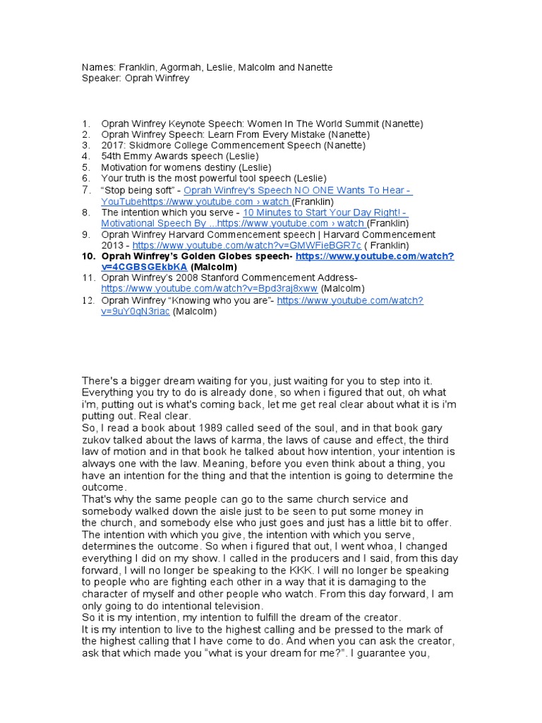 Oprah Speeches | PDF | Oprah Winfrey