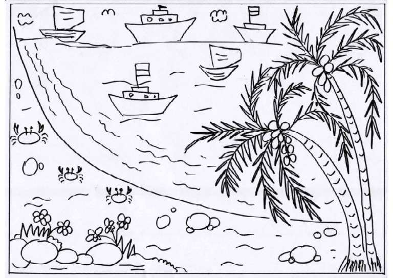 Template Mewarnai - Pemandangan Pantai | PDF