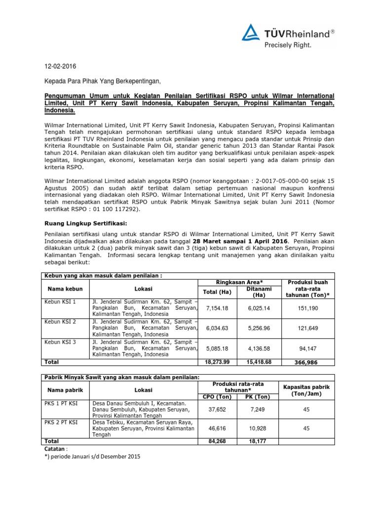 PT Perkebunan Kerry Sawit Public Announcement - Indonesia Re-Certificati | PDF