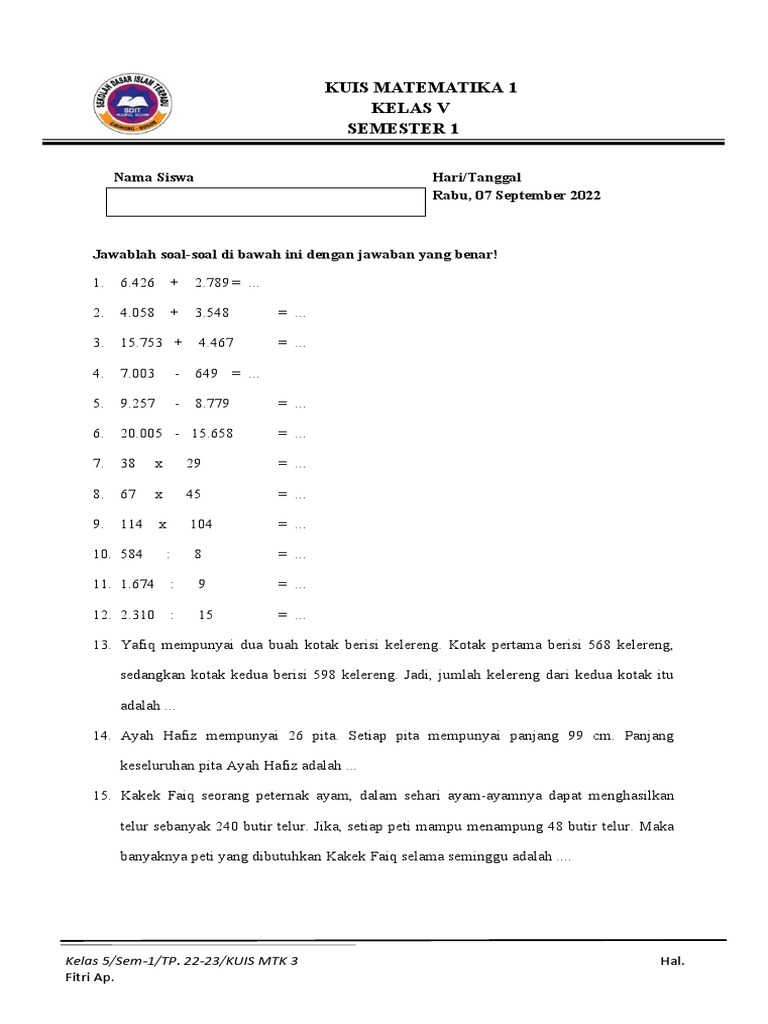 Kuis Matematika Kelas 5 Semester 1 | PDF