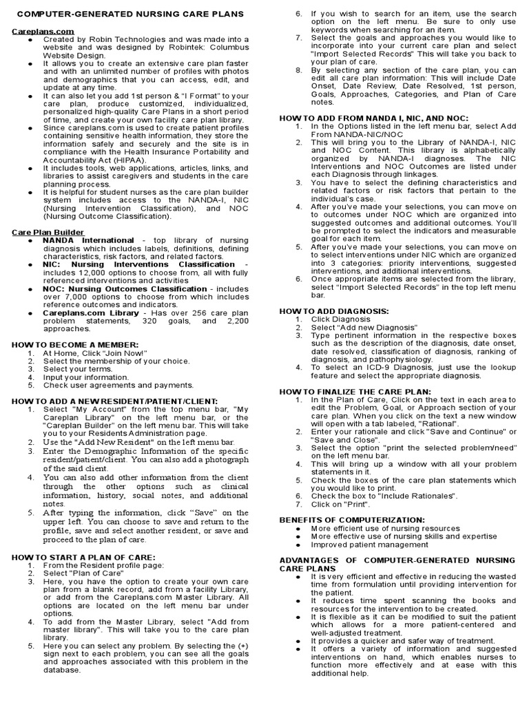Computer Generated Nursing Care Plans Outline | PDF | Nursing | Menu ...