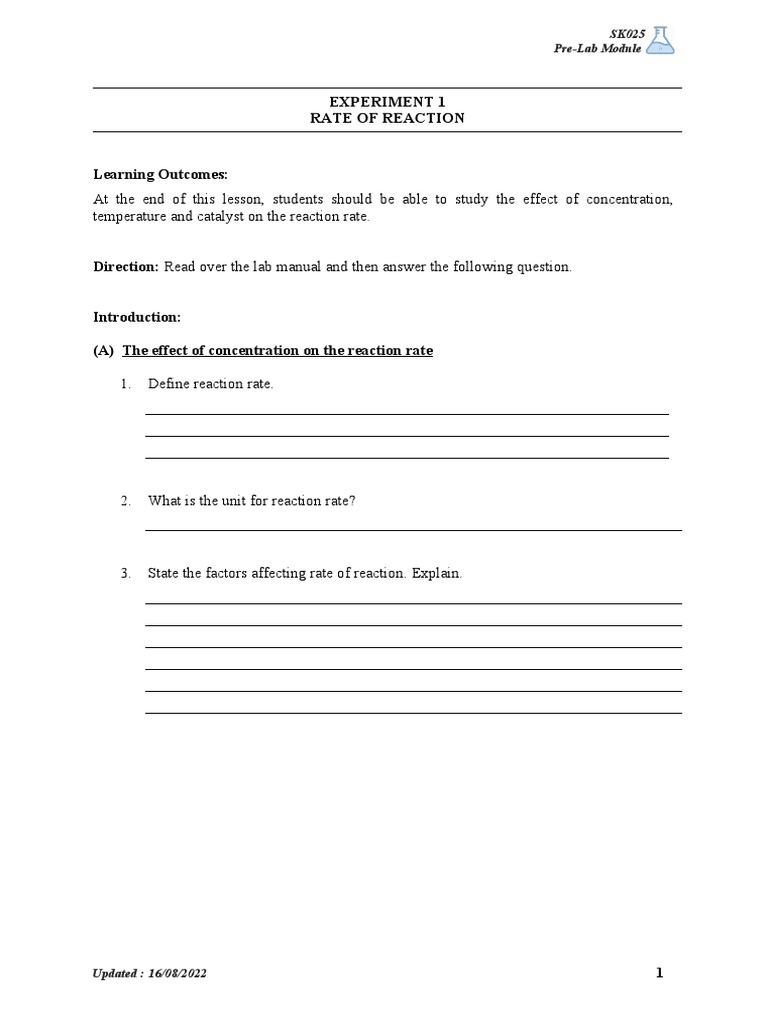 Pre Lab Question 2022 - SK025 | PDF | Reaction Rate | Electrochemistry